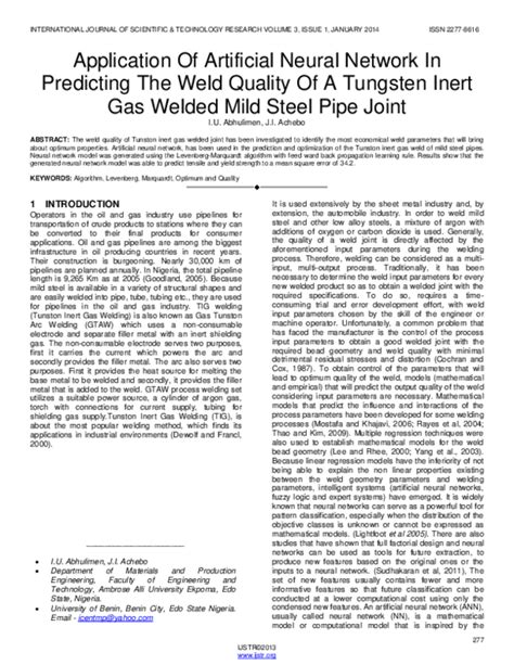 Pdf Application Of Artificial Neural Network In Predicting The Weld Quality Of A Tungsten