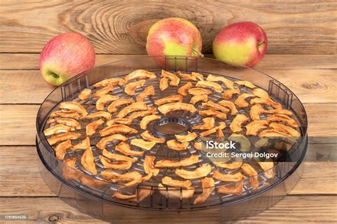 건조기의 플라스틱 부분에 있는 말린 사과는 나무 배경에 야채와 과일 잘 익은 사과를 담을 수 있습니다 0명에 대한 스톡 사진 및 기타 이미지 Istock