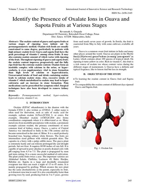 Identify The Presence Of Oxalate Ions In Guava And Sapota Fruits At Various Stages Pdf