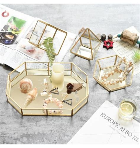 빈티지 기하학적 모양 북유럽 황동 유리 보석 보관 트레이 투명 디스플레이 상자 홈 장식 장식품 Es 티몬