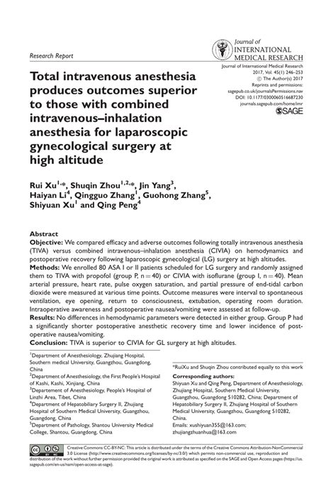 Pdf Total Intravenous Anesthesia Produces Outcomes Superior To Those With Combined Intravenous
