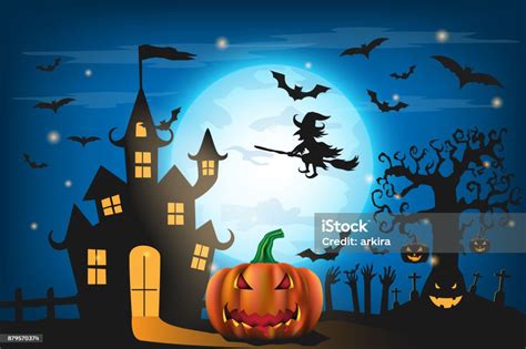 호박과 보름달 배경에서 좀비와 해피 할로윈 배경 간 계 또는 치료 할로윈 호박 만화 벡터 일러스트 레이 션을 조각 10월에 대한 스톡 벡터 아트 및 기타 이미지 Istock