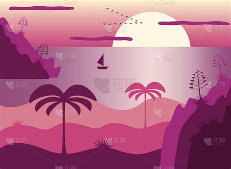 大海棕榈树天空和太阳在一个平坦的风格岩石龙舌兰一只船和鸟儿在地平线上飞翔落日的粉红色和紫