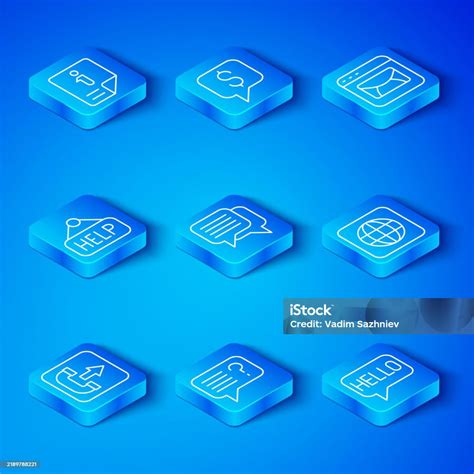 회선 발신 전화 말풍선 채팅 알 수 없는 검색 전 세계 메일 및 이메일 텍스트 도움말이 있는 간판 정보 및 다른 언어 인사 아이콘을 설정합니다 벡터 3차원 형태에 대한 스톡