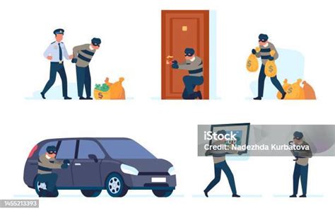 강도는 강도를 저지른다 갱스터 범죄 문을 부수는 도둑 자동차 또는 걸작 도난 훔친 돈으로 가택 침입자를 체포하는 경찰관 현금을 훔치는 남자 벡터 범죄 세트 도둑에 대한 스톡