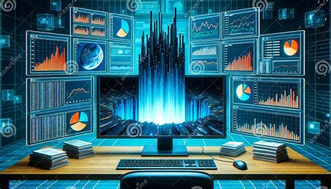 computer workstation where multiple screens display complex data visualizations in the center
