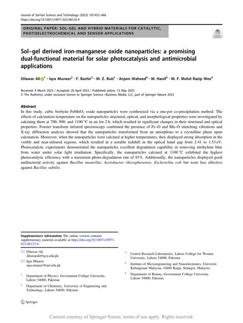 Solgel Derived Iron Manganese Oxide Nanoparticles A Promising Dual