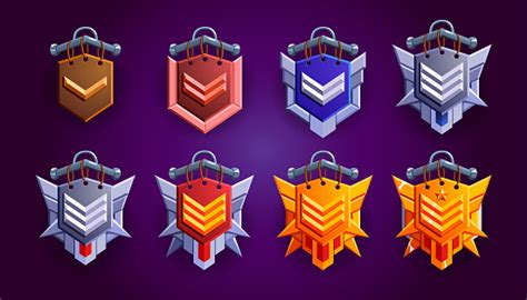 레벨 게임 랭크 배지 세트 12 레벨 진행 기호가 있는 Woody Silver Bronze Gold의 사실적인 벡터 메탈릭 스타일 진행 상황 및 수상 방패에 대한 스톡 벡터