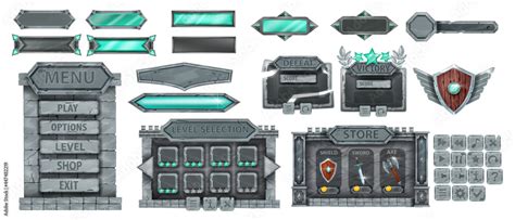 Stone Fantasy Game User Interface Set Vector Ui Medieval Rock Panel Background Boulder Frame