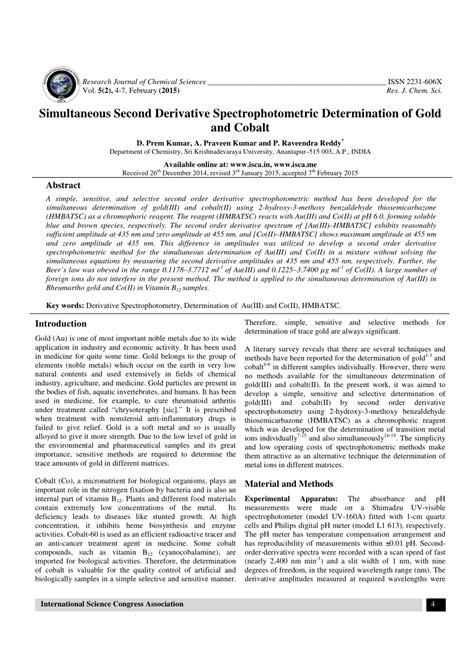 Pdf Simultaneous Second Derivative Spectrophotometric Determination