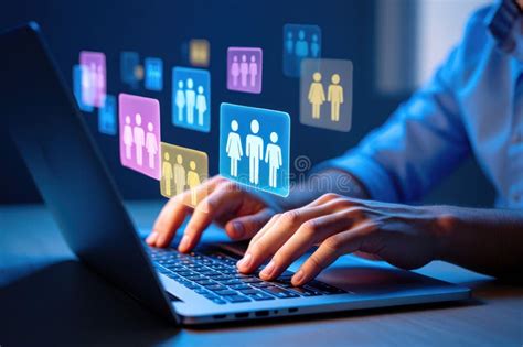 Person Typing On Laptop With Glowing People Icons Above Stock Illustration Illustration Of