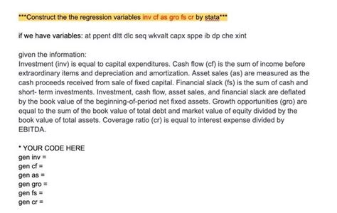 Solved Stata Codingconstruct The The Regression Variables