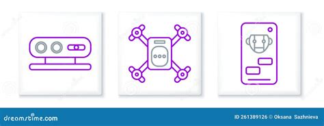 Set Line Bot 3d Scanning System And Drone Flying With Action Camera Icon Vector Stock