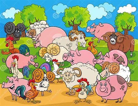 Funny Cartoon Farm Animals Characters Group Stock Vector Illustration