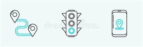Set Line Infographic Of City Map Navigation Route Location And Traffic Light Icon Vector Stock