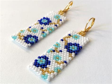 Blue Flower Earrings Floral Beaded Earrings Earrings Seed Bead Etsy