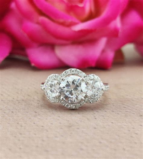 Three Stone Halo Moissanite Engagement Ring Art Deco Sterling Silver