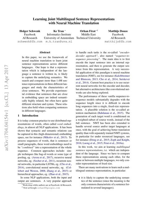 Learning Joint Multilingual Sentence Representations With Neural Machine Translation Deepai