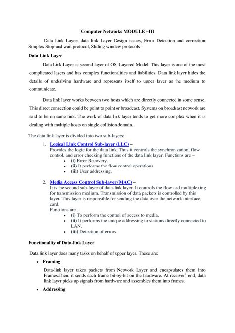 CN Module Computer Networks MODULE III Data Link Layer Data Link Layer Design Issues