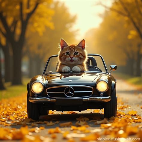 A Cat Driving A Black Mercedes Down The Yellow Brick Road Prompts