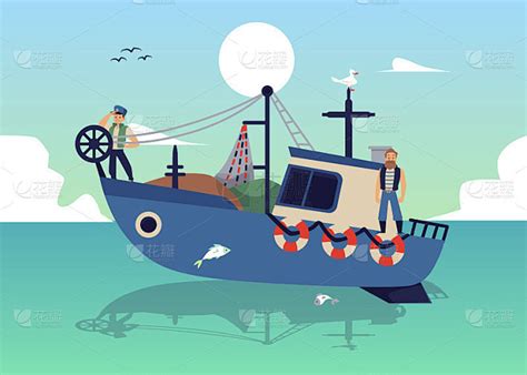 海景与渔民在渔船捕鱼与网平面矢量插图。
