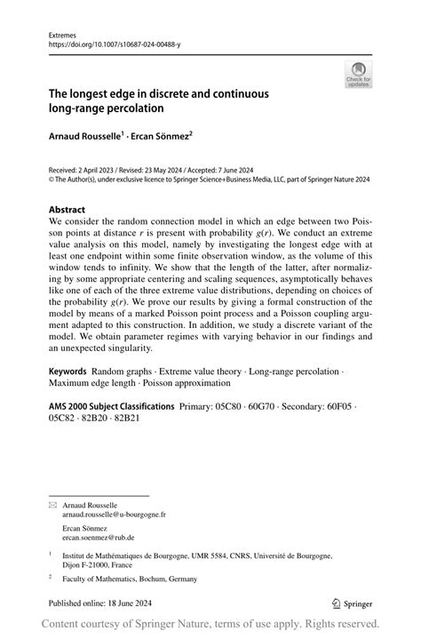 The Longest Edge In Discrete And Continuous Long Range Percolation Request Pdf