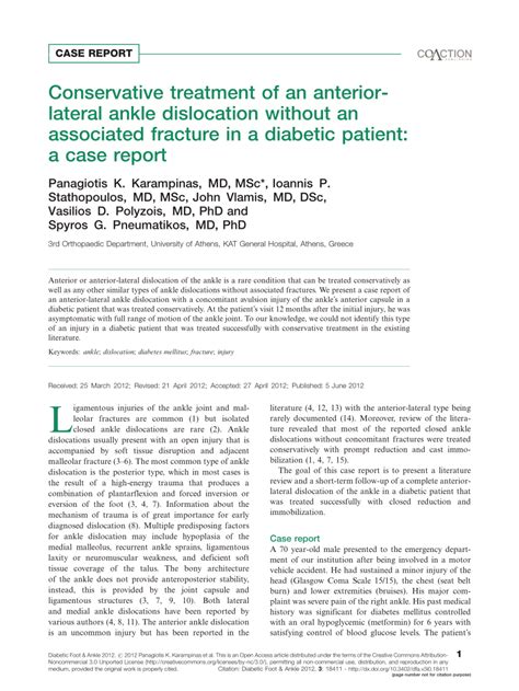 Pdf Conservative Treatment Of An Anterior Lateral Ankle Dislocation Without An Associated