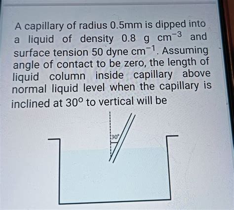 A Capillary Of Radius 05 Mm Is Dipped Into A Liquid Of Density 08 G Cm−