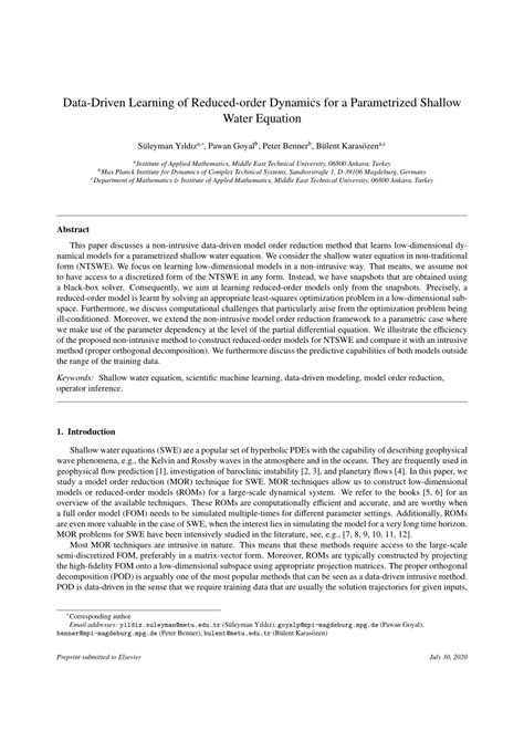 Pdf Data Driven Learning Of Reduced Order Dynamics For A Parametrized Shallow Water Equation