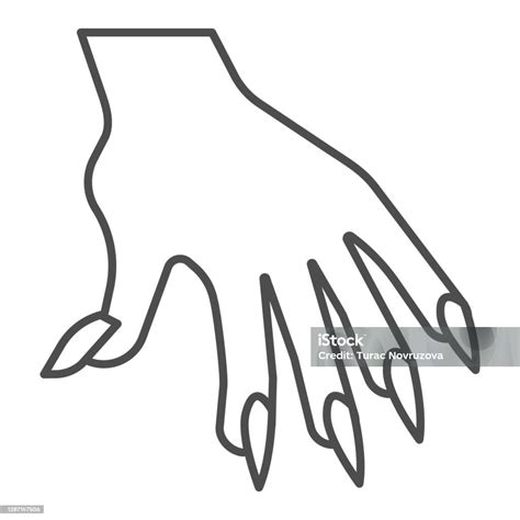 긴 손톱 얇은 라인 아이콘 할로윈 개념 흰색 배경에 마녀 손가락 사인 모바일 개념 및 웹 디자인을위한 윤곽 스타일 여성 팔 아이콘과 손 벡터 그래픽 검은색에 대한 스톡 벡터