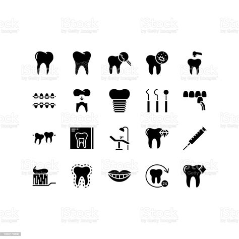 치과 플랫 라인 아이콘 세트 치과 서비스 치료 치아 질환 도구 재건 진단 건강 관리 치료 웹 사이트 또는 모바일 앱에 대한 간단한 평면 벡터 그림 보철 장비에 대한 스톡