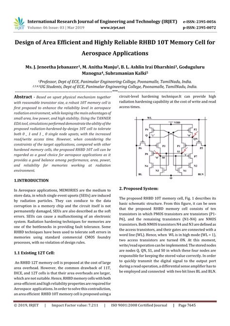 Irjet Design Of Area Efficient And Highly Reliable Rhbd 10t Memory Cell For Aerospace