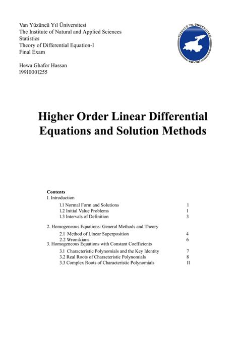 Pdf Higher Order Linear Differential Equations