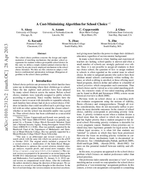 Pdf A Cost Minimizing Algorithm For School Choice