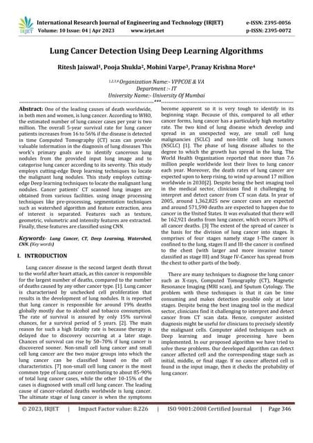 Lung Cancer Detection Using Deep Learning Algorithms Pdf