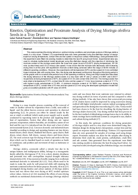 Pdf Kinetics Optimization And Proximate Analysis Of Drying Moringa