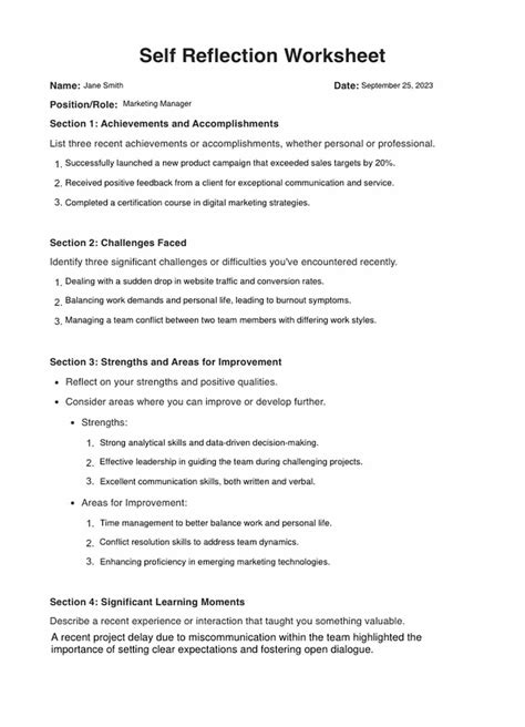 Self Reflection Worksheets And Example Free Pdf Download