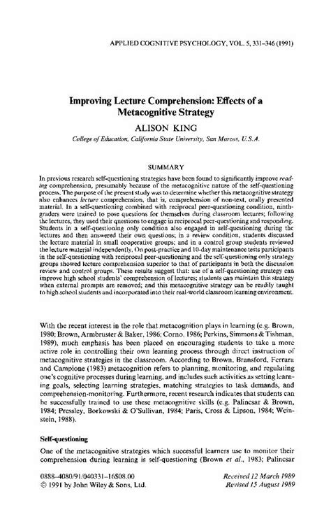 Pdf Improving Lecture Comprehension Effects Of A Metacognitive Strategy Dokumentips