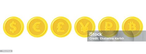 통화 기호가 있는 황금 동전 통화 기호가 있는 양식화된 황금 동전 세트 달러 유로 파운드 루블 위안 및 비트코인 기호 1 달러 지폐 미국 지폐 통화에 대한 스톡 벡터 아트