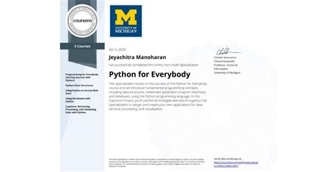 jeyachitra manoharan on linkedin completion certificate for python for everybody