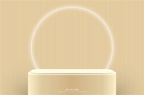 깨끗한 갈색 3d 원형 연단 또는 제품 디스플레이 및 빛나는 네온 링 수직 배경을 위한 스탠드 제품 전시 진열 또는 모형을 위한 벽 장면 쇼케이스를 위한 무대 3d 벡터
