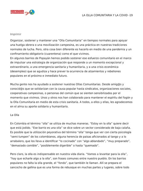 La Olla Comunitaria Y La Covid 19 Pdf