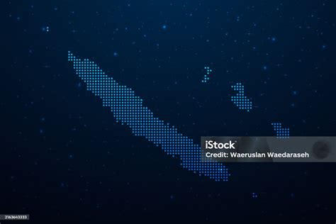 미래 지향적인 스타일의 뉴 칼레도니아 점선지도 별 선 점으로 만든 빛나는 윤곽선 통신 진한 파란색 배경에 인터넷 기술 개념 뉴