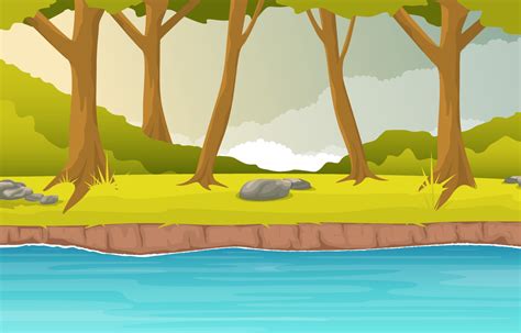 Forest Scene With Flowing River Illustration Vector Art At Vecteezy