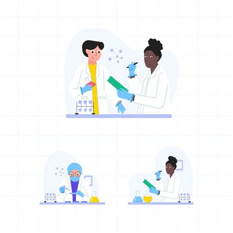과학 실험실 벡터 평면 그림에서 일하는 사람들 프리미엄 벡터