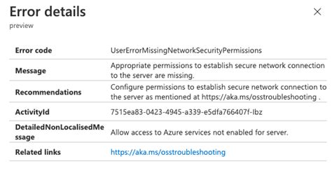 Usererrormissingnetworksecuritypermissions For Postgresql Server Even Though Azure Services Are