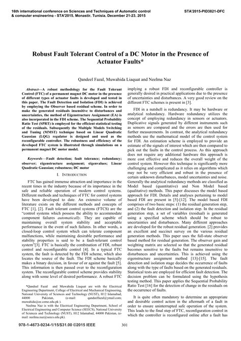 Pdf Robust Fault Tolerant Control Of A Dc Motor In The Presence Of Actuator Faults