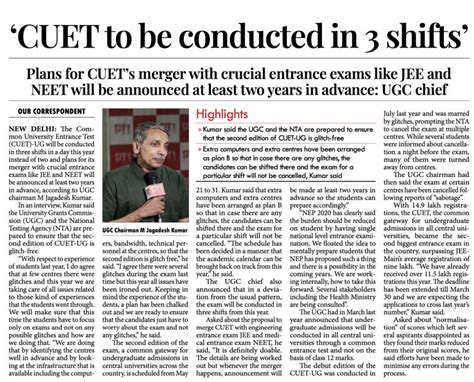 Mamidala Jagadesh Kumar On Linkedin Cuet To Be Conducted In 3 Shifts Courtesy Millenniumpost