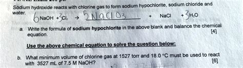 solved sodium hydroxide reacts with chlorine gas to form sodium