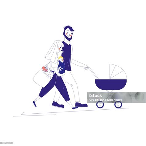 유모차에 아기와 새총에 아기를 가진 아빠와 엄마 평면 디자인의 사람 캐릭터의 벡터 그림입니다 블루 흑백 라인 아트 일러스트 아기띠에 대한 스톡 벡터 아트 및 기타 이미지